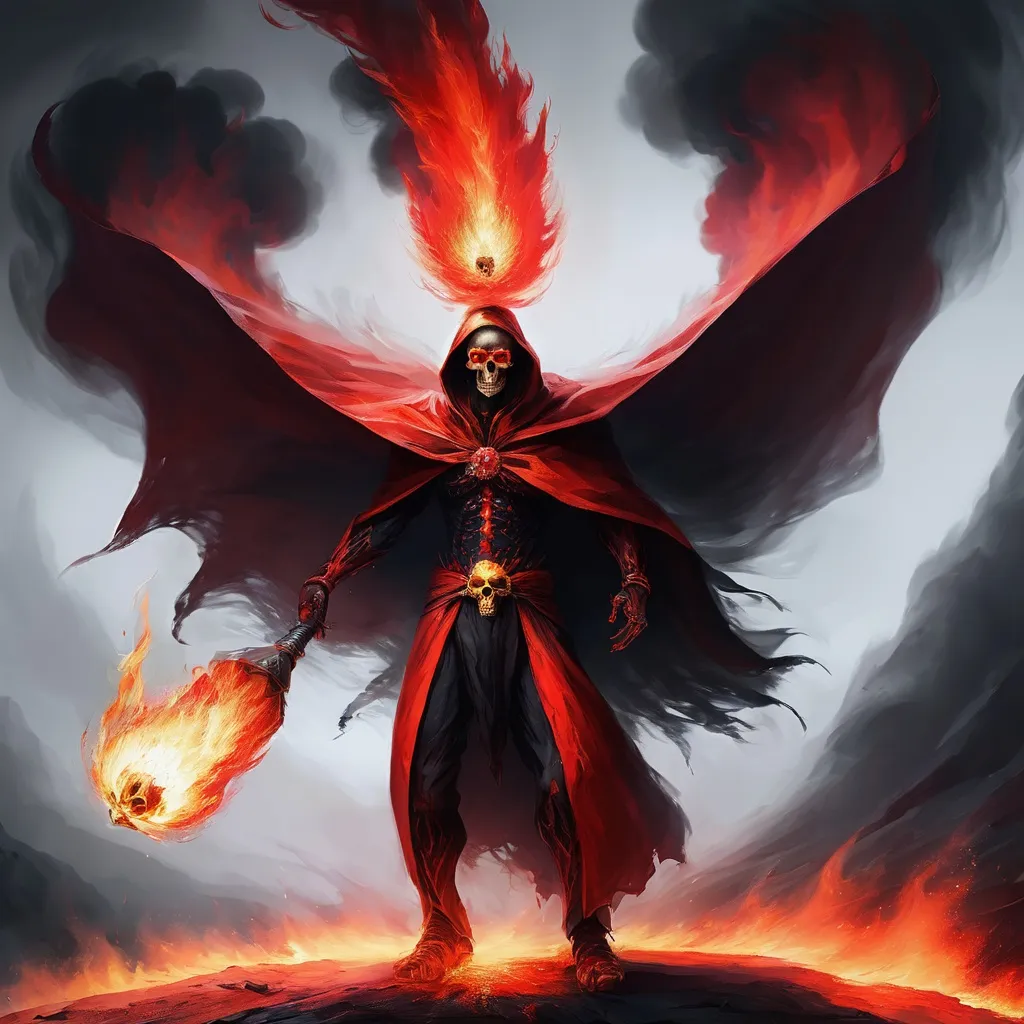 man with fire scull red eyes red fire cape