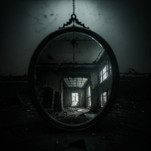A cracked mirror with a distorted reflection that re...
