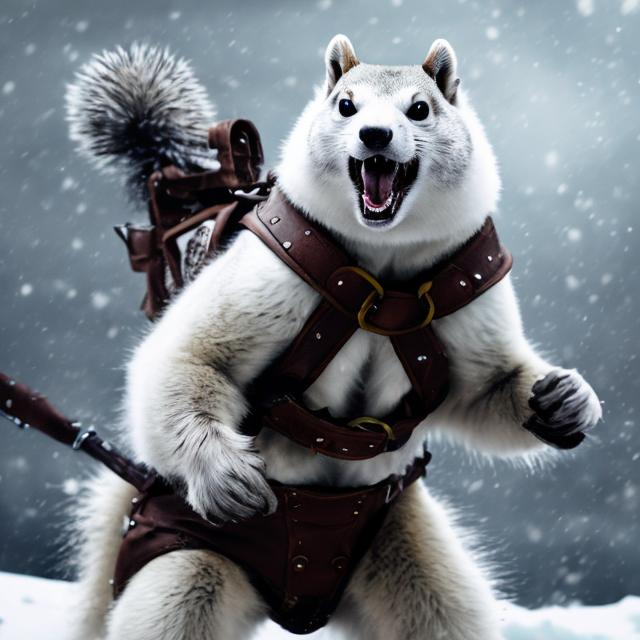 Angry white squirrel in leather harness, battle axe... | OpenArt