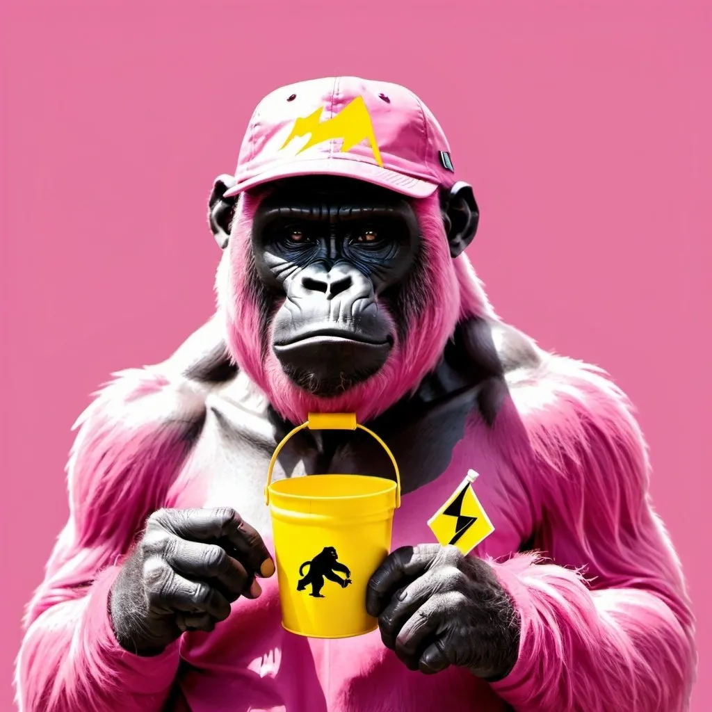 A pink gorilla with a yellow bucket hat and lightnin...