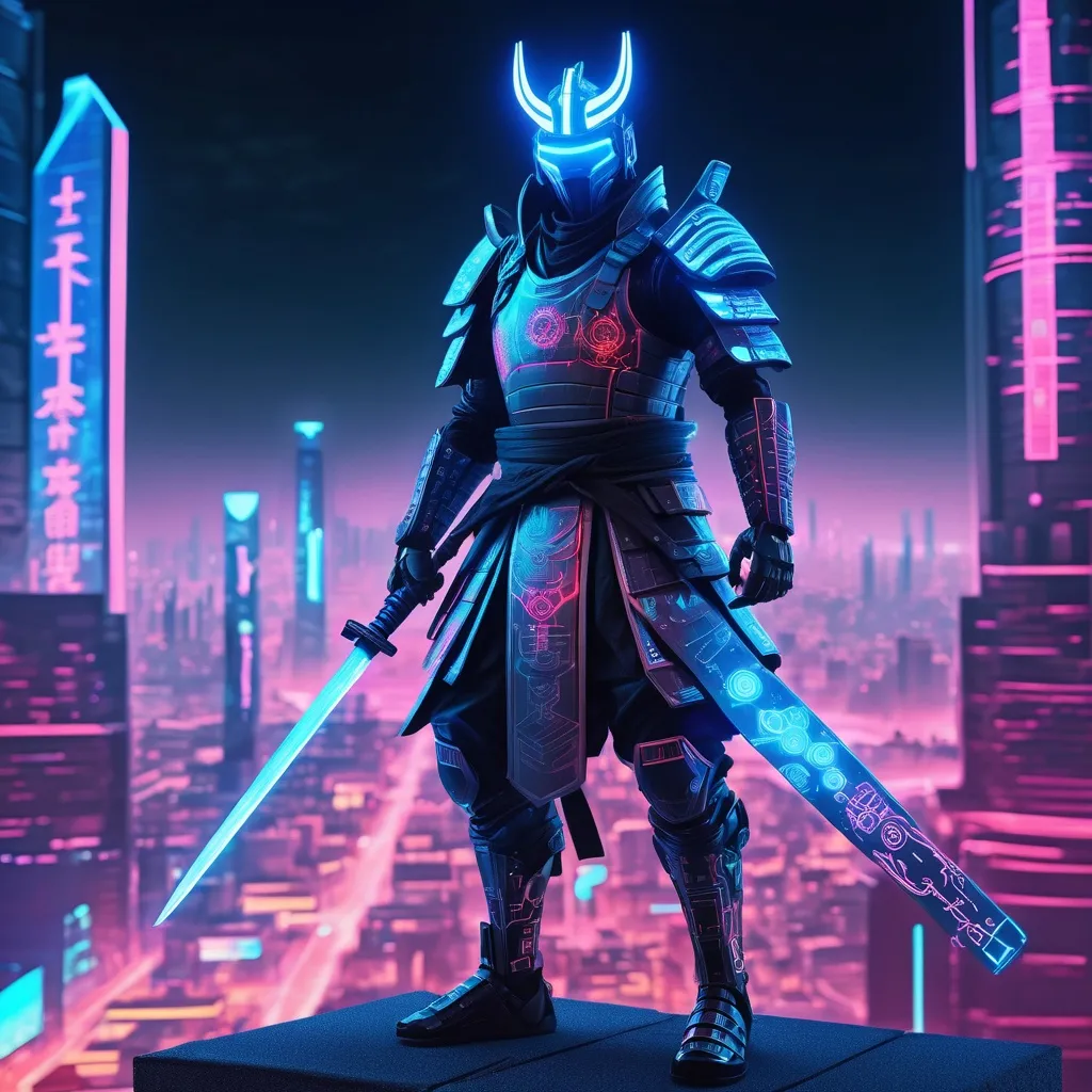 A futuristic cybernetic samurai warrior, standing on...