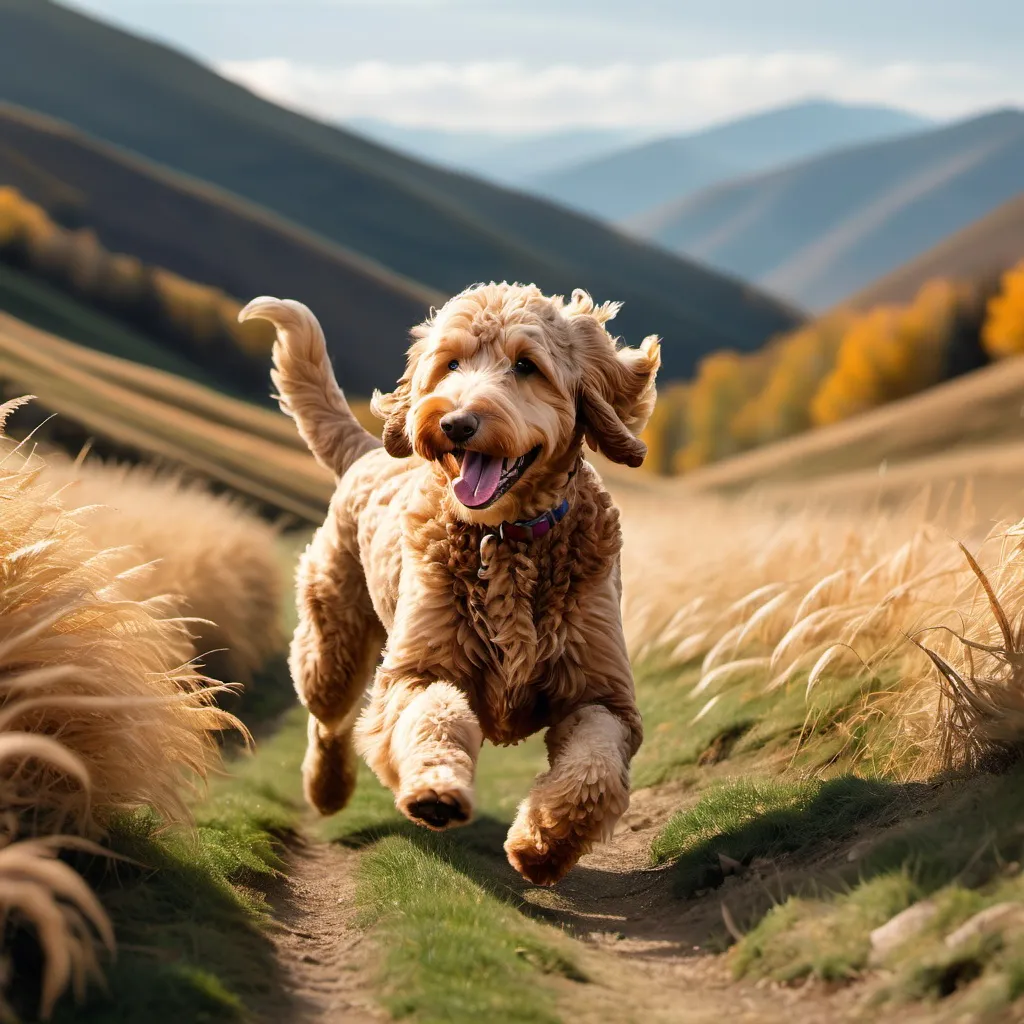 golden doodle running through a bunch of hills and m...