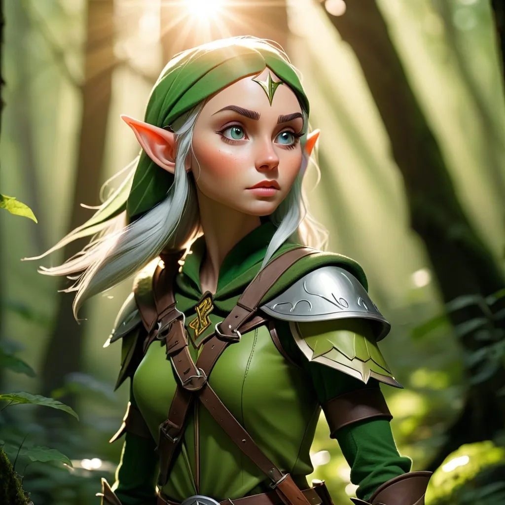 Elf ranger in a mystical forest around sunlight