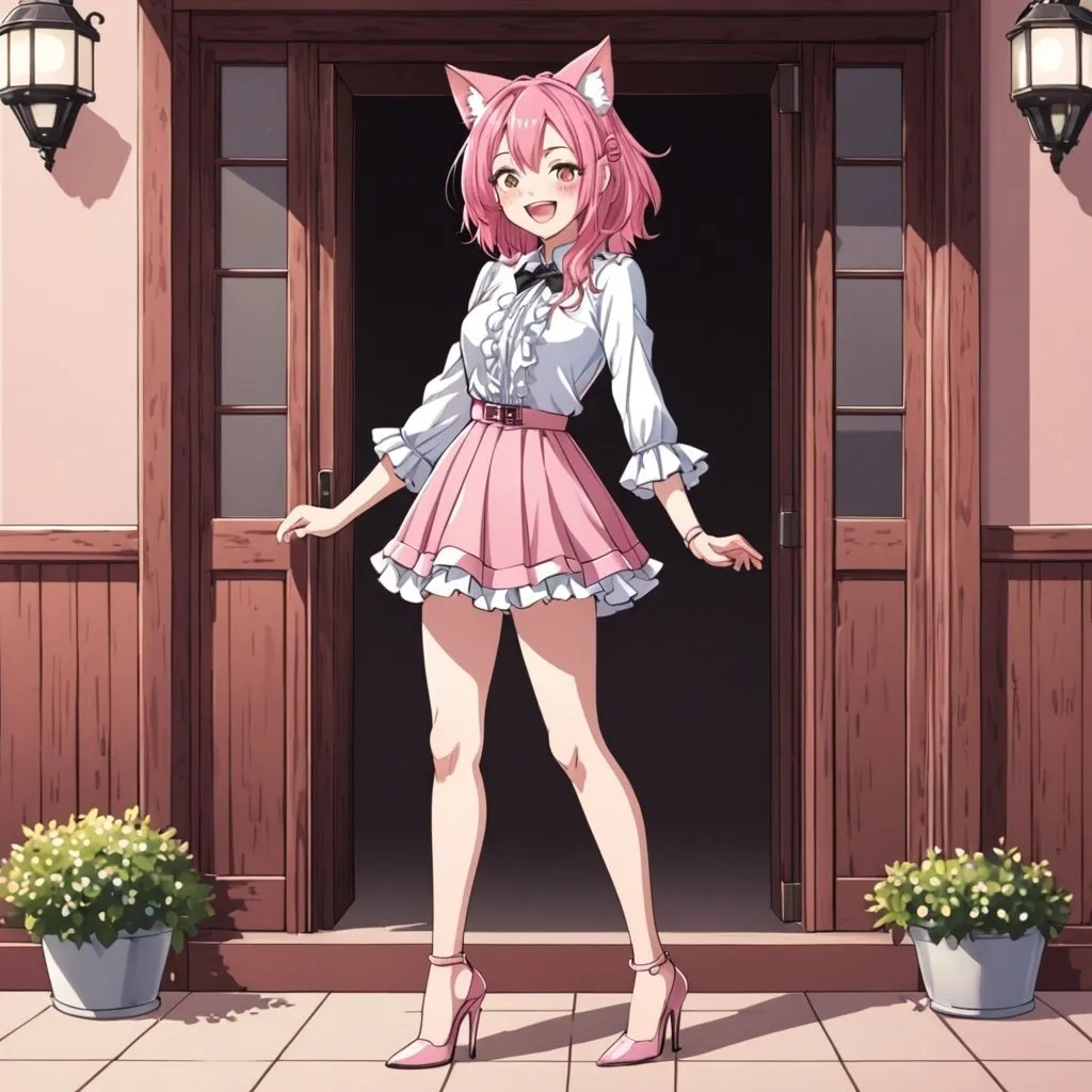 anime, girl, detailed, pink hair, happy, cat ears, i...