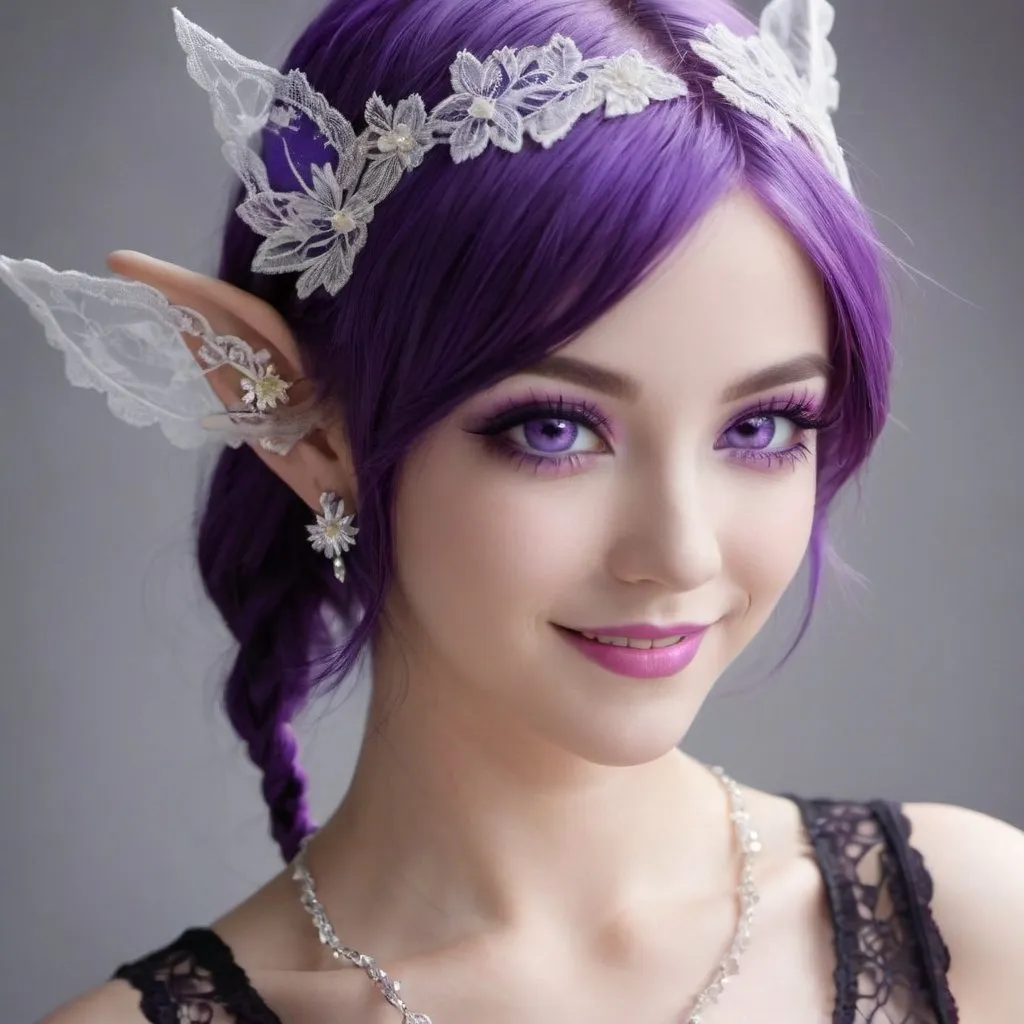 Purple hair, violet eyes,elf ears,wry smile,lace cle...