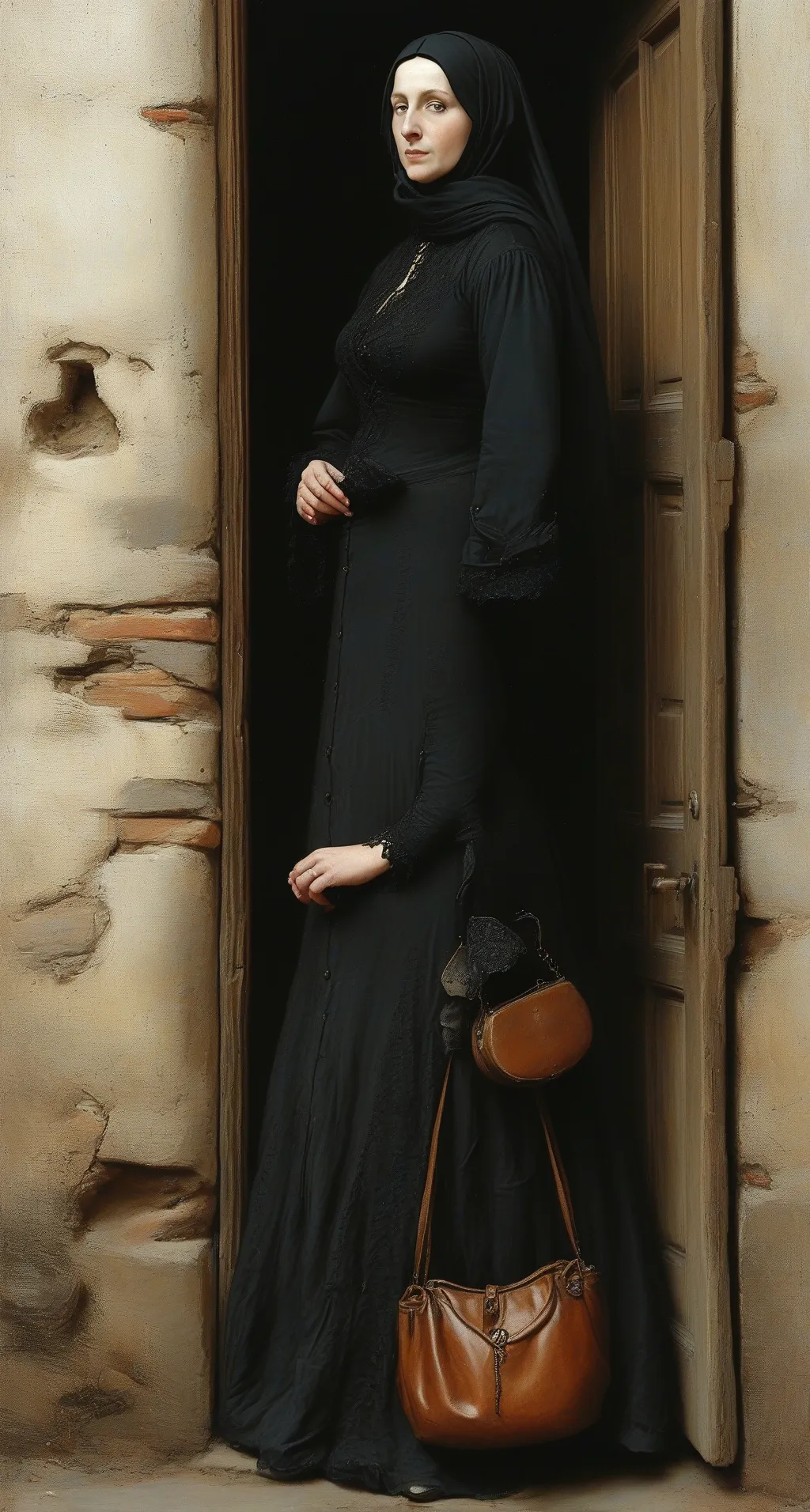a woman in a black dress is standing in a doorway wi...