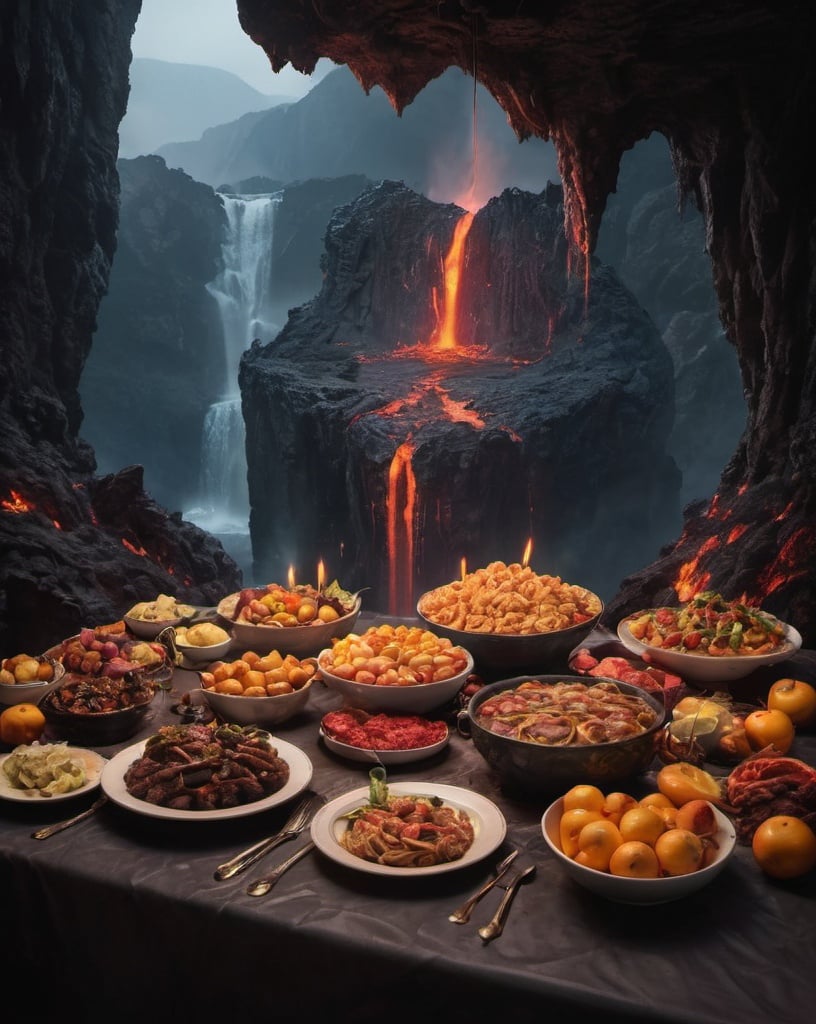 Full Wide view of cursed food spread on the table, l...