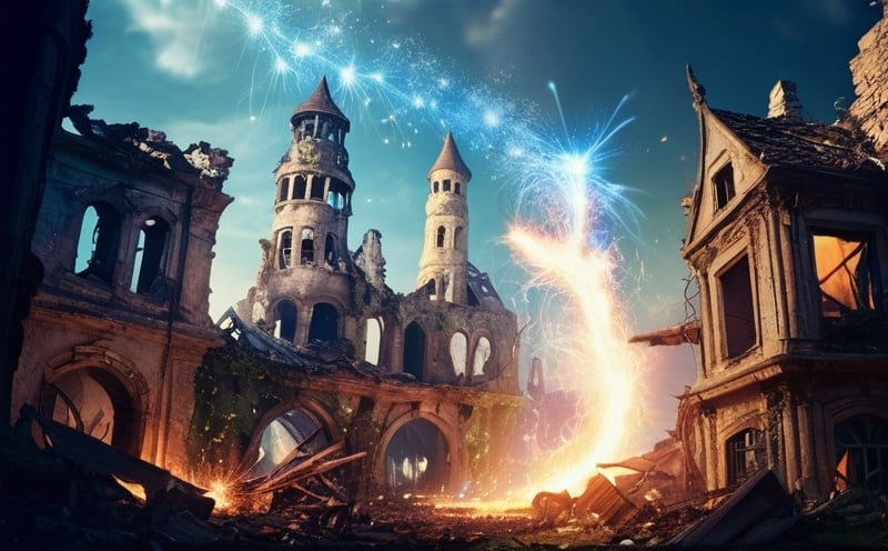 Magical fairy land in ruins, with buildings partiall...