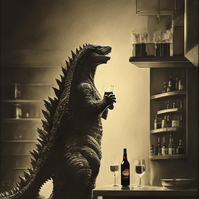 godzilla drinking a bottle of baily's irish cream in...