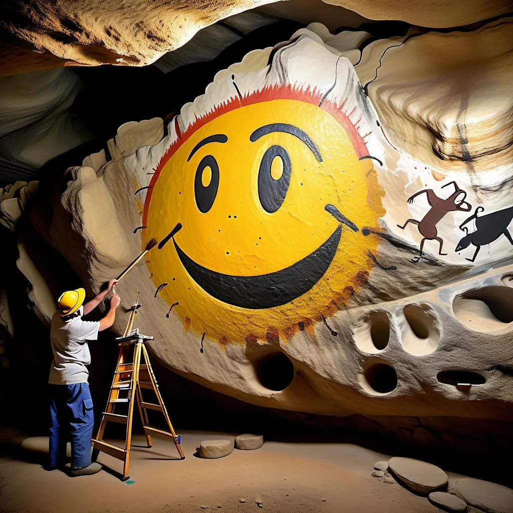 prehistoric humans painting the first smiley on a ca...