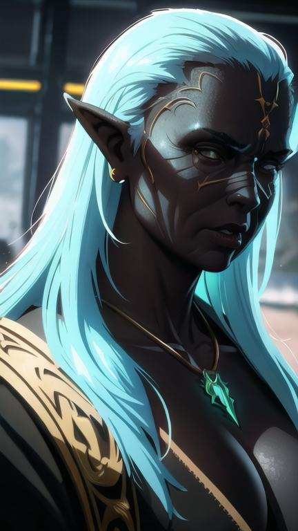 A female drow with obsidian skin, dancing in the moo...