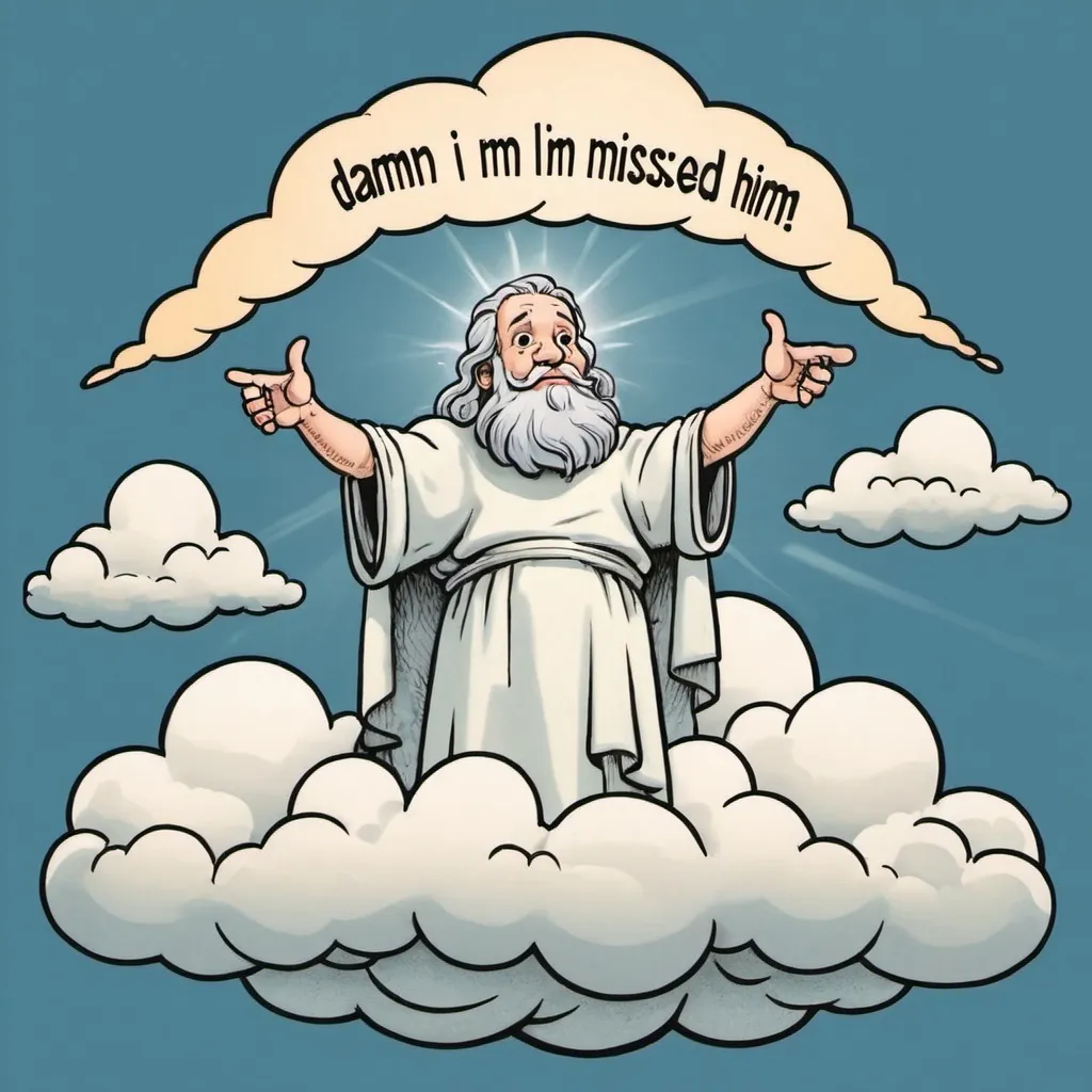 A cartoon of god on a cloud pointing down saying “da...