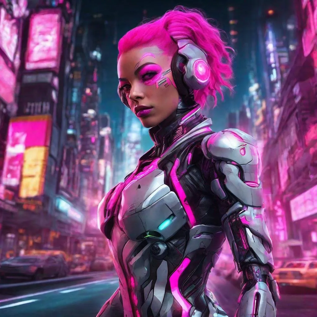 cyborg style, neon-lit metropolis pulsates, as a cyb...