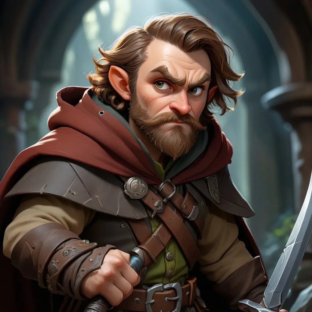 Male lightfoot halfling rogue, rugged beard, wieldin...