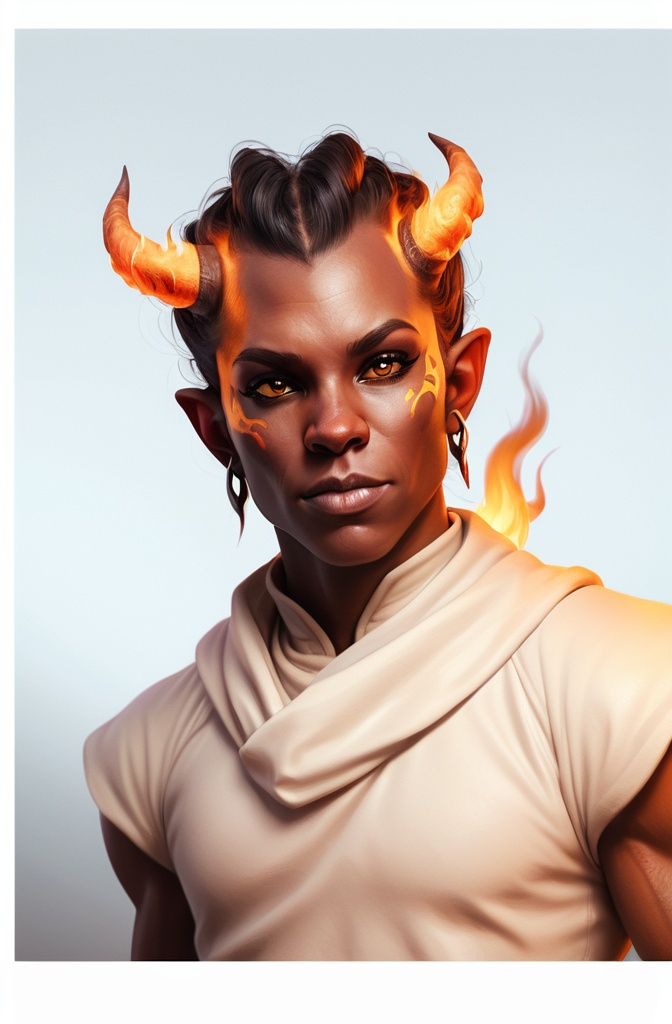 hyper-realistic Tiefling character with fire hands,...