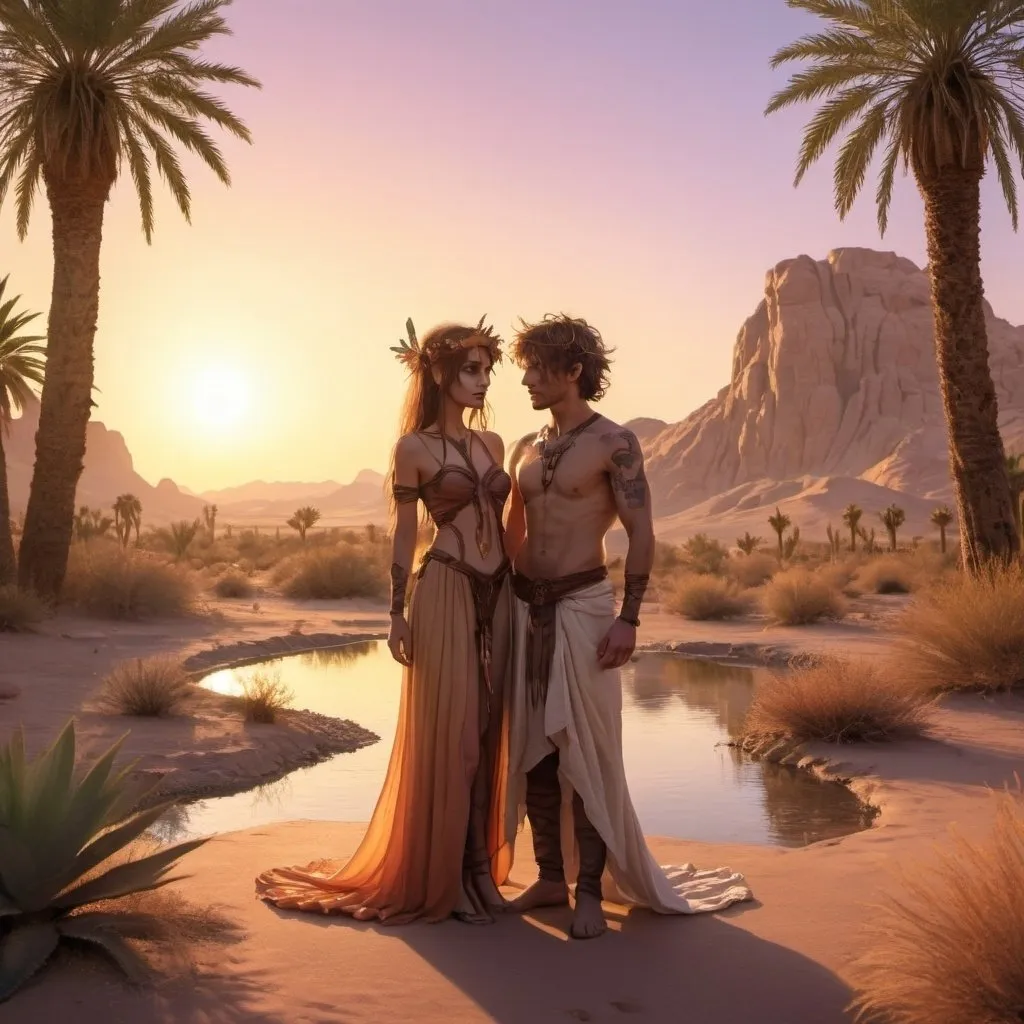 A fae couple that live in the desert standing in the...