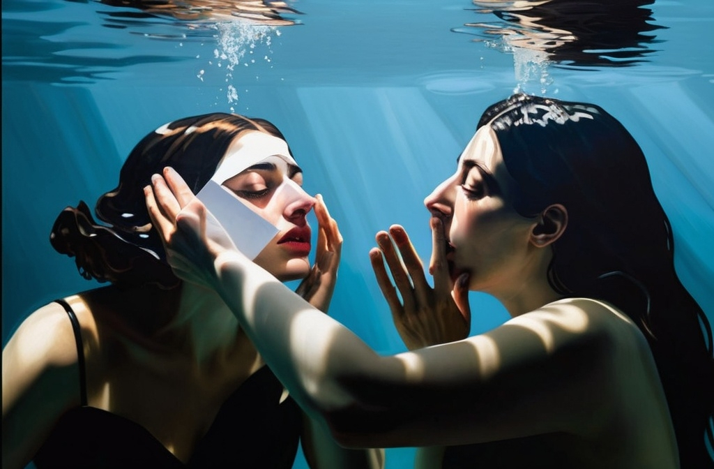 two women in the water with their hands on their fac...