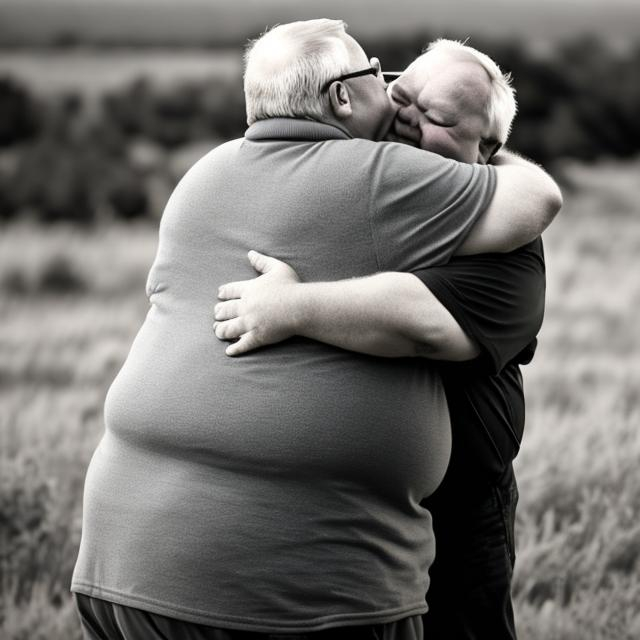 Fat old men hugging