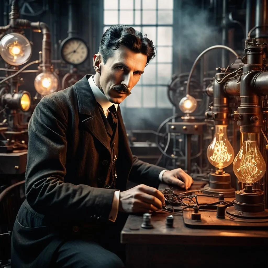 Detailed, high-res image of Nikola Tesla in a misc-d...