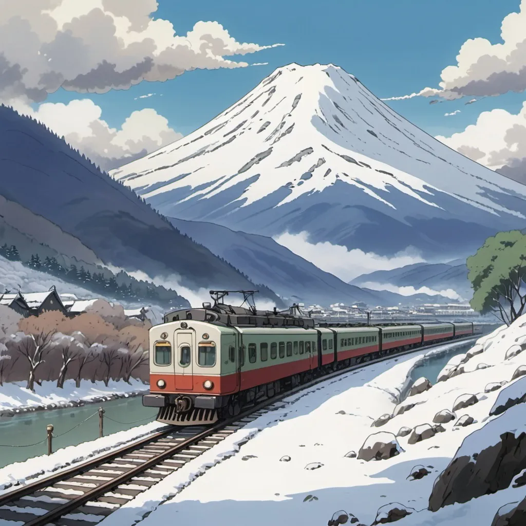2d studio Ghibli anime style, a train moves slowly t...