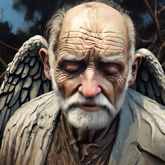 Oil painting style balding decrepit old man angel sl... | OpenArt