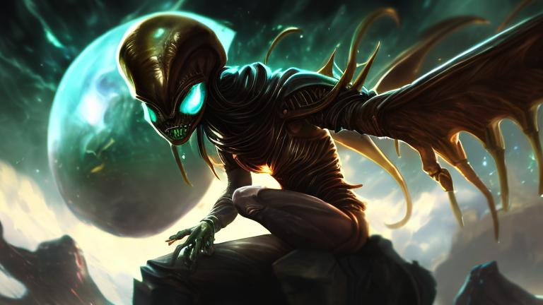 league of legends style, alien holds the world clour...