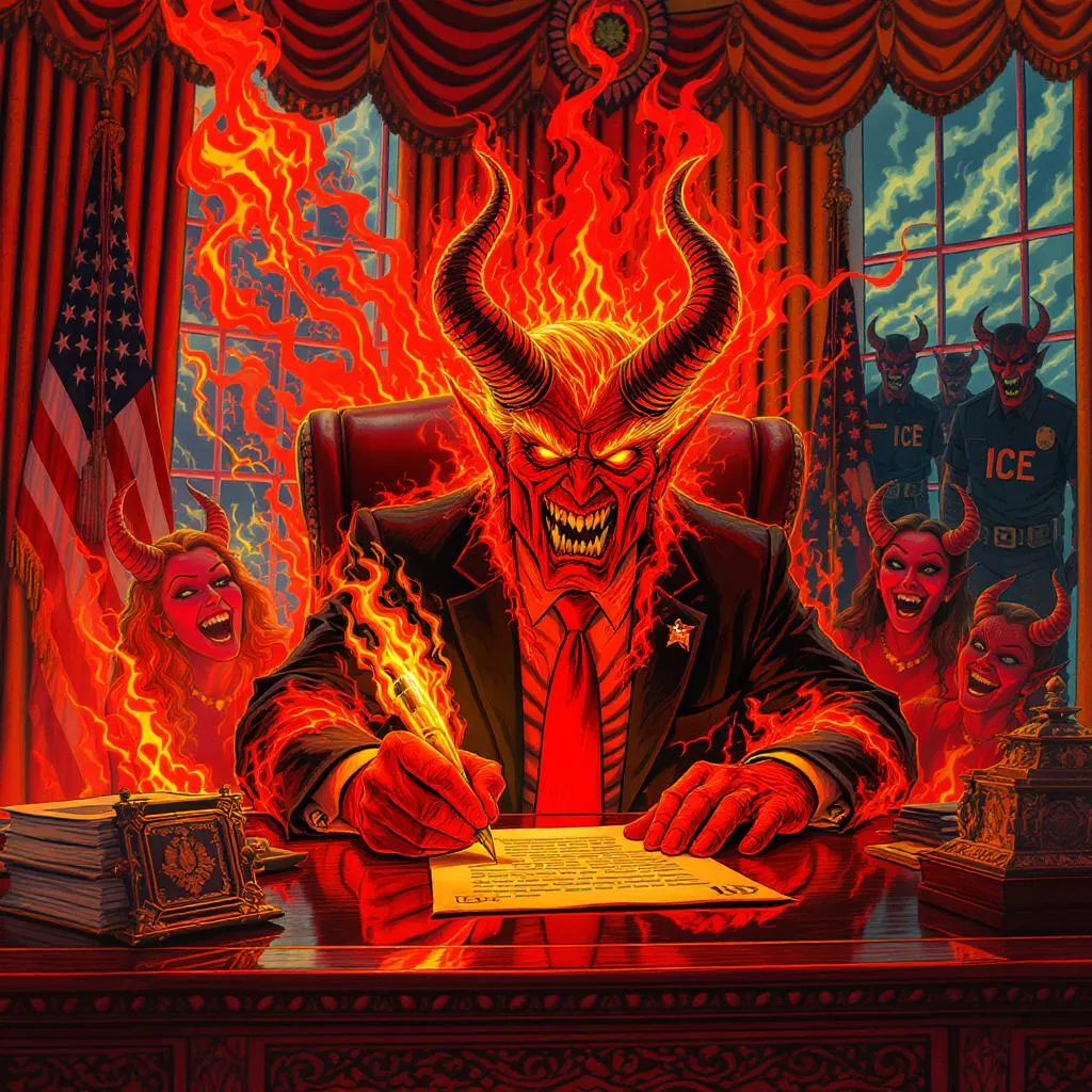 Donald Trump as Satan sitting in a red hued and fier...