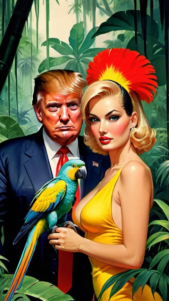 beautiful woman and donald trump with parrot in jung...