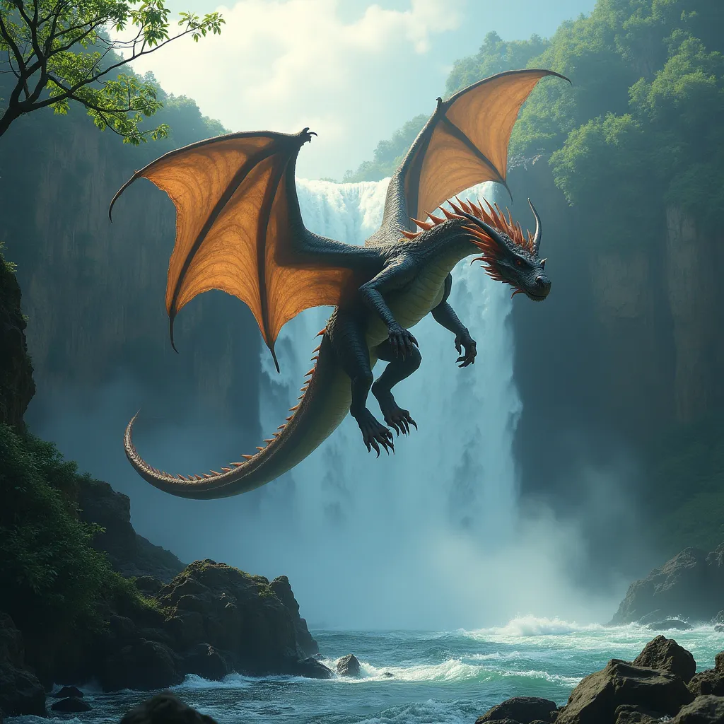 Imagine a majestic dragon flying over a beautiful wa...