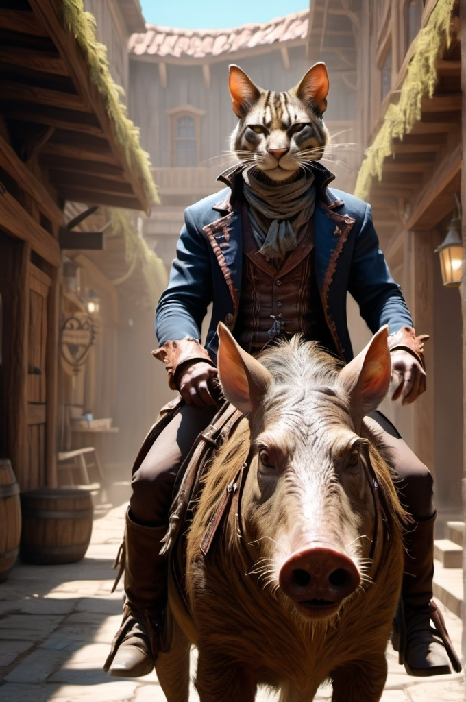 khajiit cowboy in wild west riding wild boar in cour...
