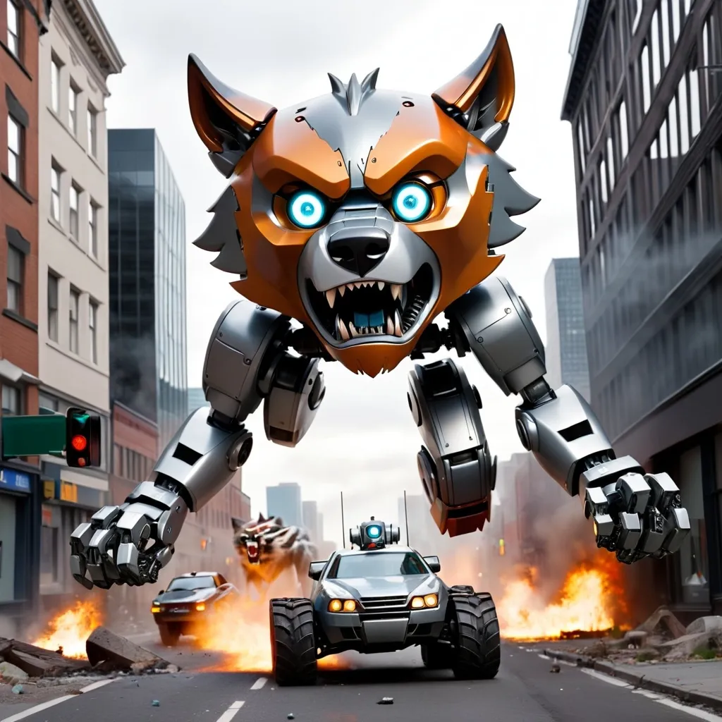 Robot rampage through city chased by wolves.
