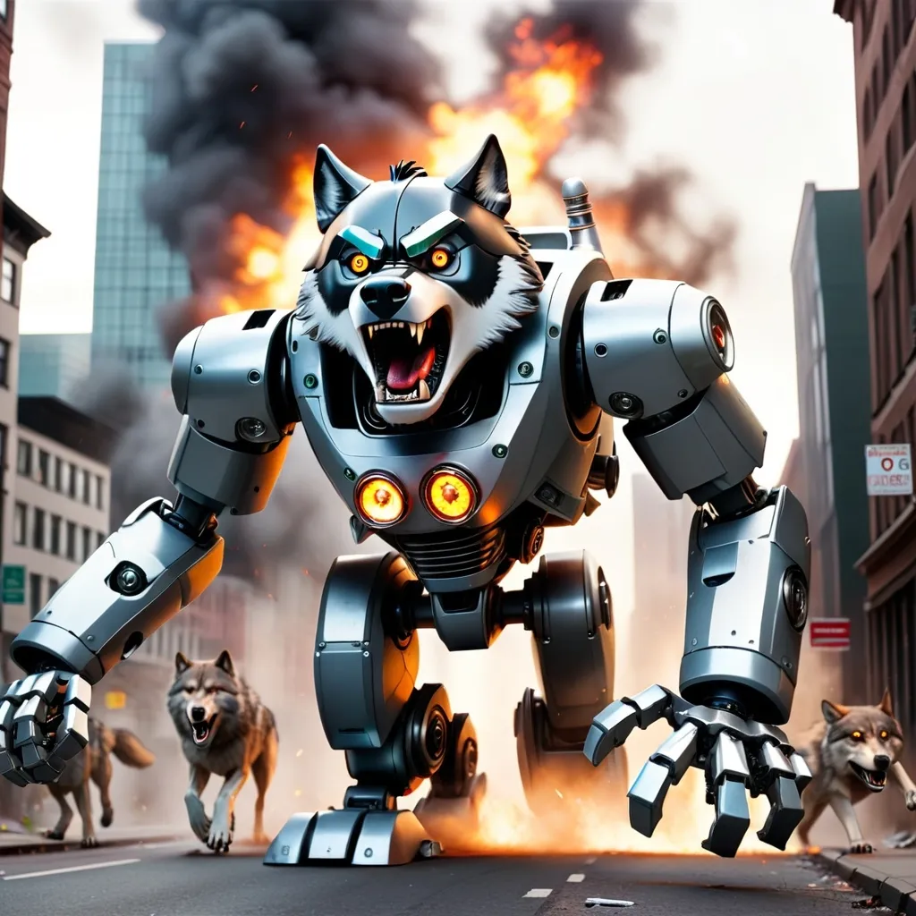 Robot rampage through city chased by wolves.