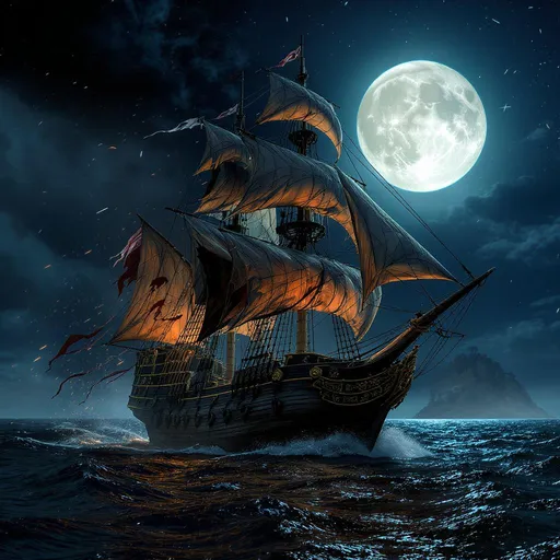 "Photorealistic scene of a pirate ship with tattered...
