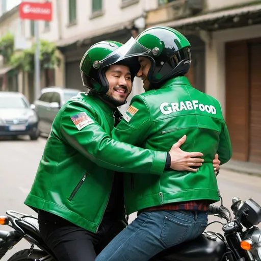 Two gay men riders wear green GrabfoodTH jackets hug...