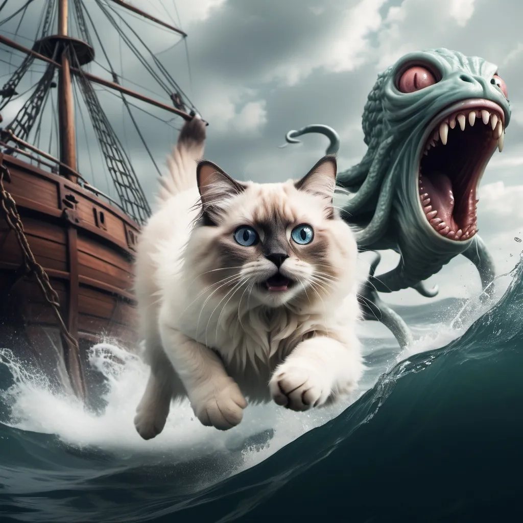 a ragdoll cat escaping from a kraken which is visible