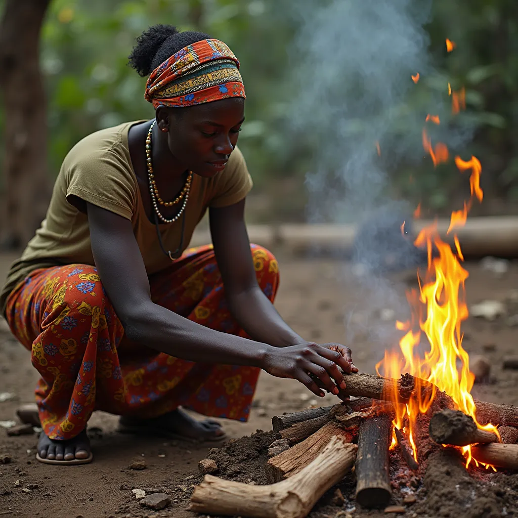 A Kenyan woman cooking using firewood with no backgr...
