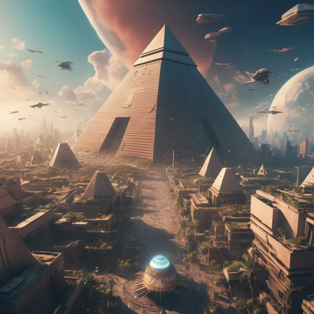 a futuristic city with a pyramid and a lot of buildi...