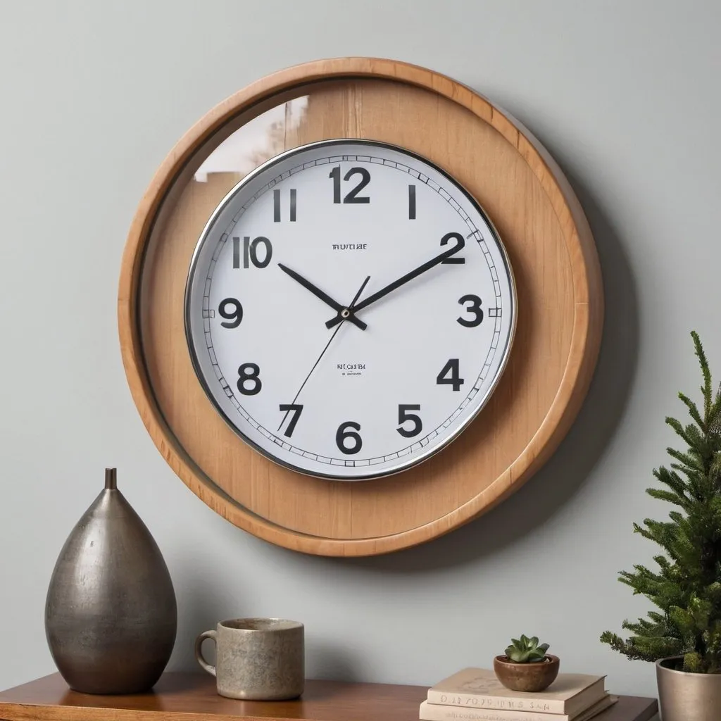 A circular wall clock with a polished fir wood frame