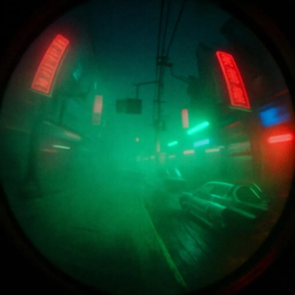 A warped fisheye lens in a vignetted frame where gre...