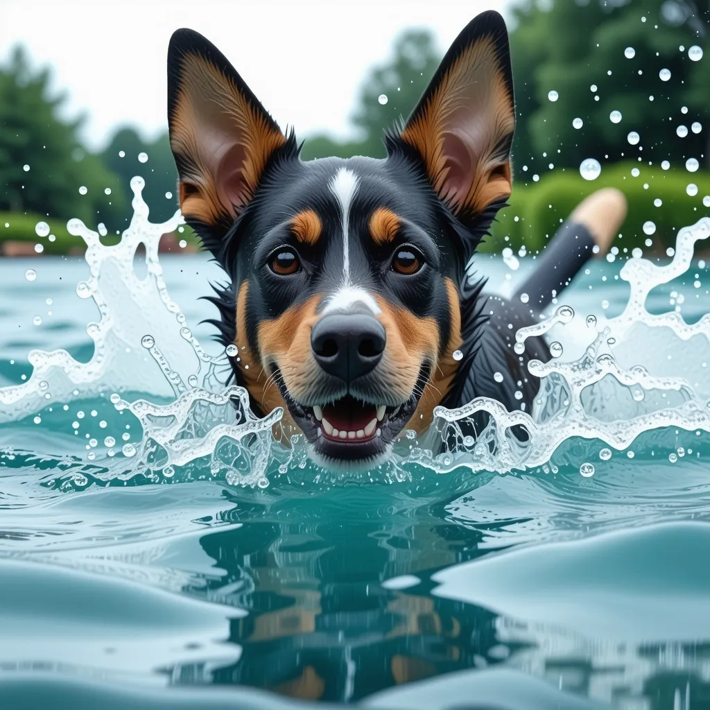 a cartoon blue cattle dog swimmimg