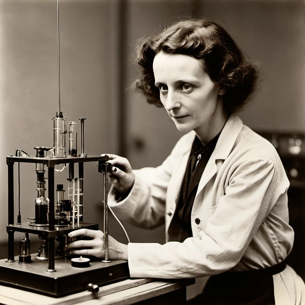 Una imagen de Irene Joliot Curie haciendo experimentos