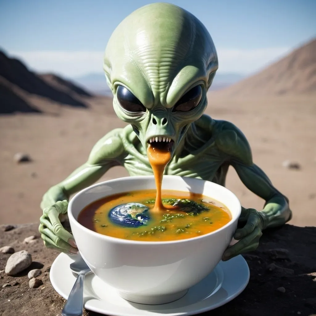alien eating earth soup