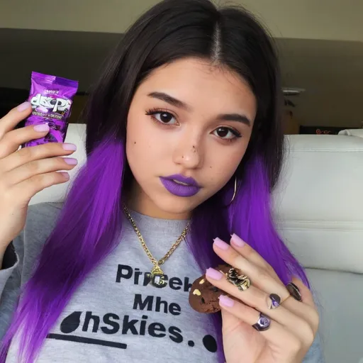 youtuber with long pink air showing off her merch