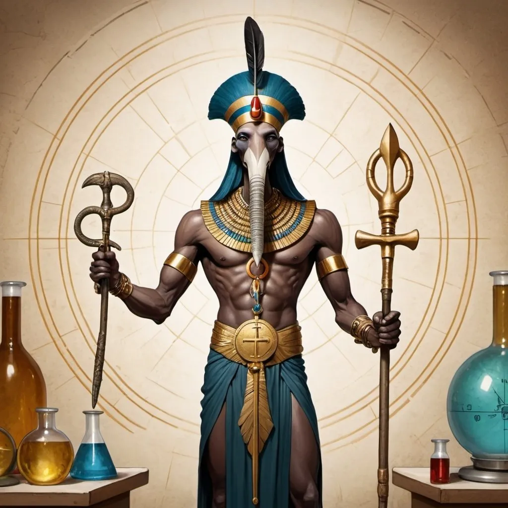 Thoth wearing an Ankh Cross Circle. Holding a Sharp...