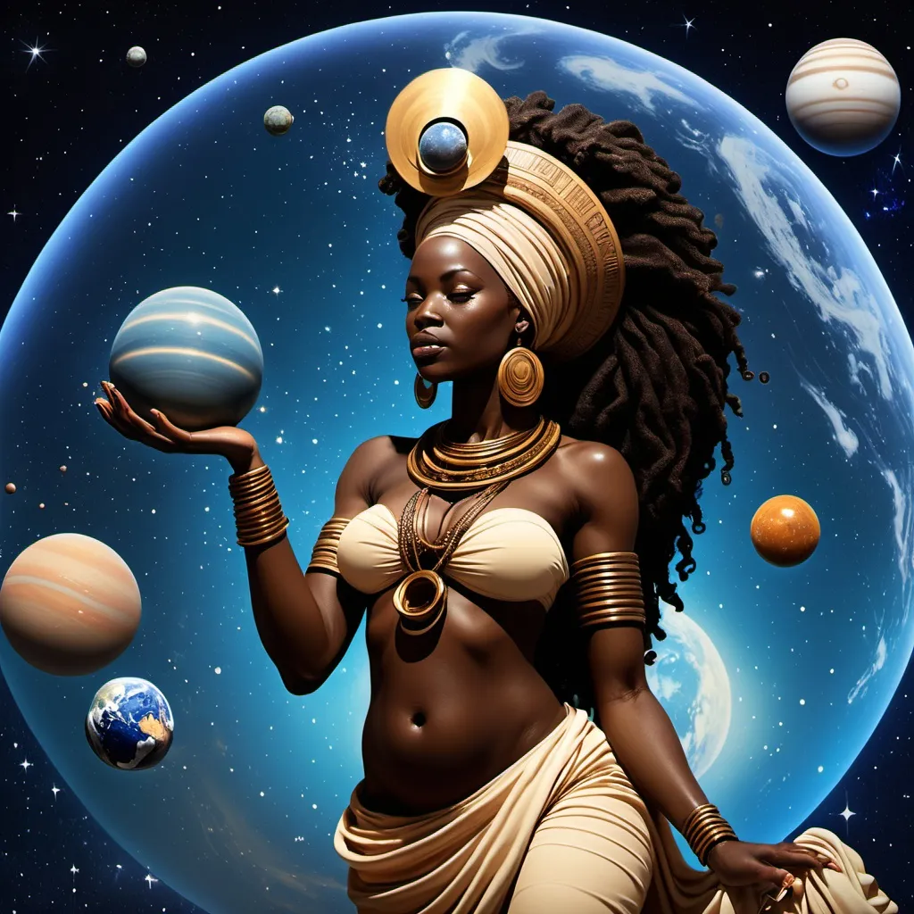 African Goddess Aquarius, with the Planets in the Sk...