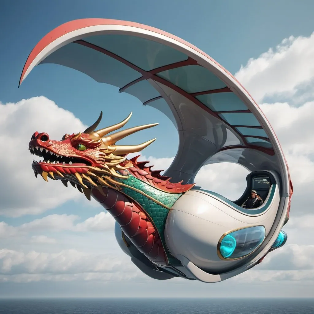 A futuristic flying transport, dragon figurehead