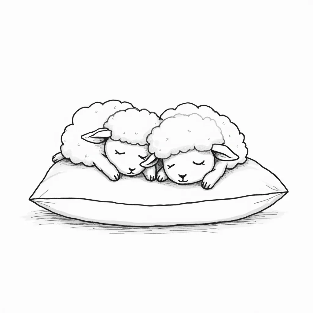 simple two sheep sleeping in a pillow drawing black...