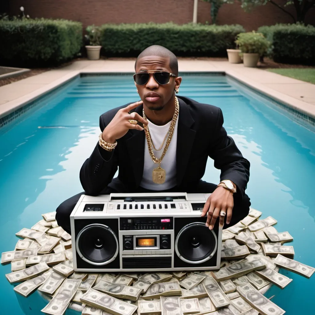 1980's MC rap god in a pool of money with a boombox