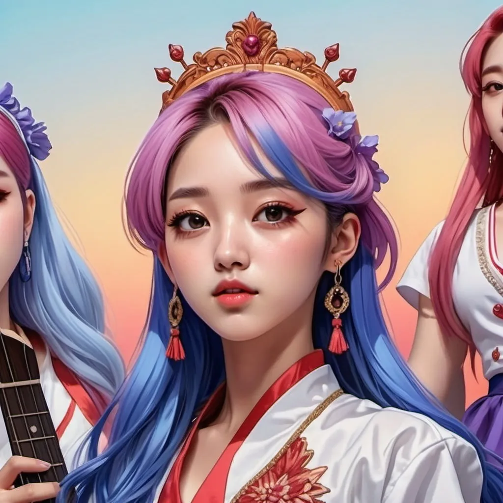 Hyperrealistic drawing style of a group of 3 kpop si...