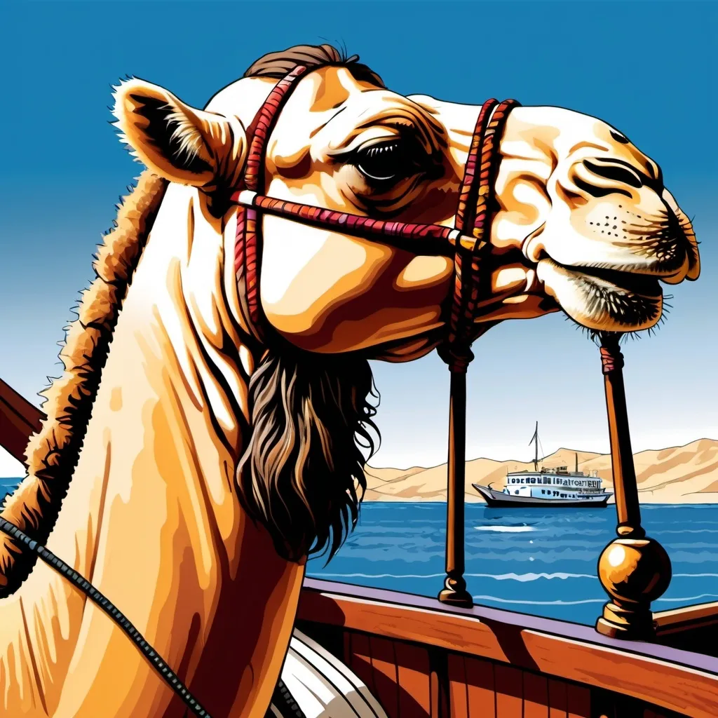 Camel face on the boat,, detailed, colourful colors,...